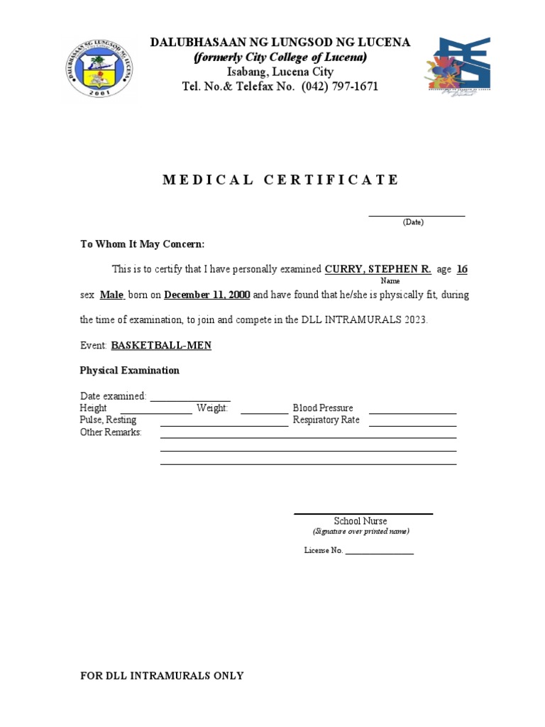 Medical Certificate for DLL Intramurals | PDF