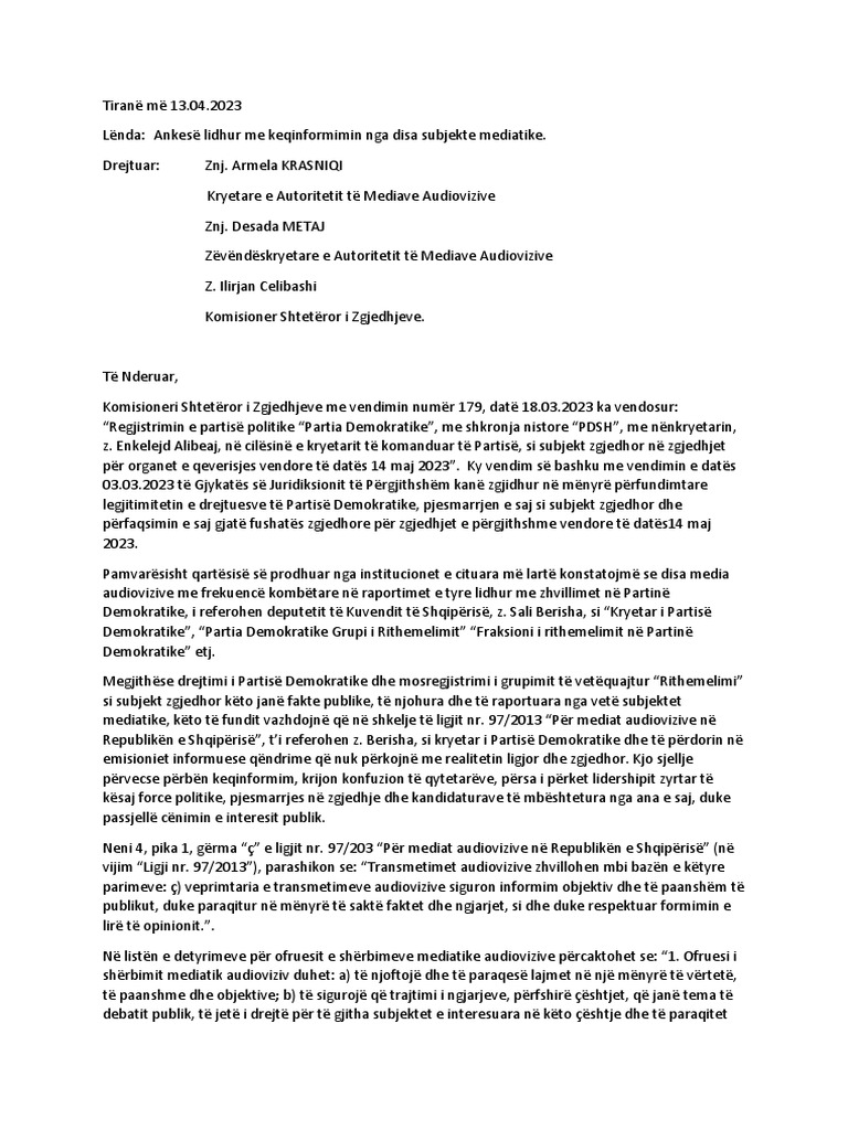 PD - Ankesë Lidhur Me Keqinformimin Nga Disa Subjekte Mediatike | PDF