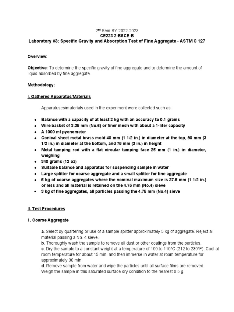 Laboratory #3 - Fine Aggregates ASTM C 127 | PDF | Weight | Physical ...