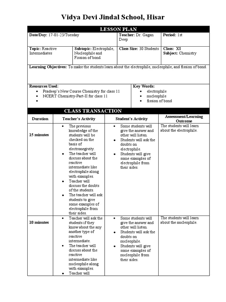 Vidya Devi Jindal School, Hisar: Lesson Plan | PDF | Education Theory | Behavior Modification