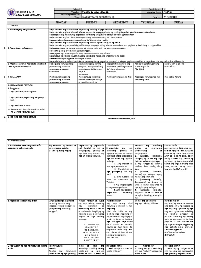 DLL Filipino 6 q2 w9 | PDF