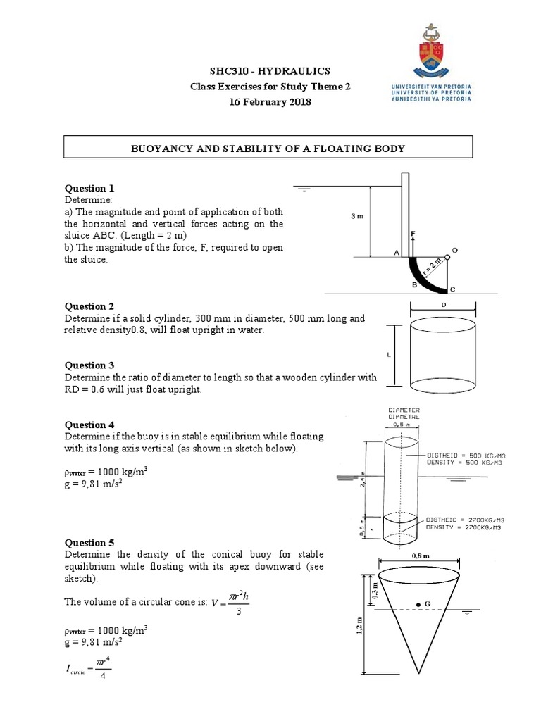 2018 SHC310 Exercises Hydrostatics FLOTATION | PDF