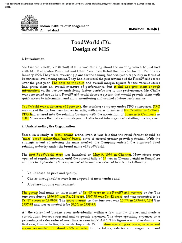 1-2 - FoodWorld (D) Design of MIS | PDF | Grocery Store | Retail