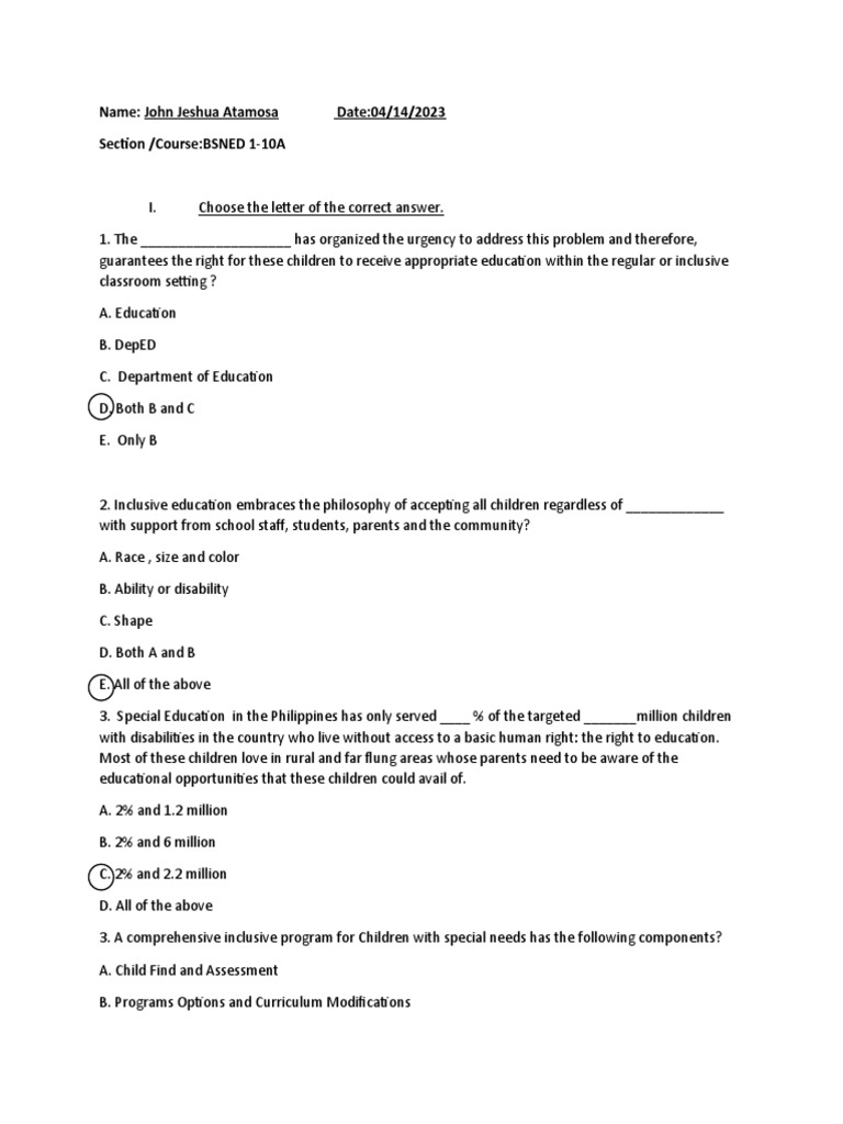 Questionnaire' With You | PDF | Inclusion (Education) | Special Education