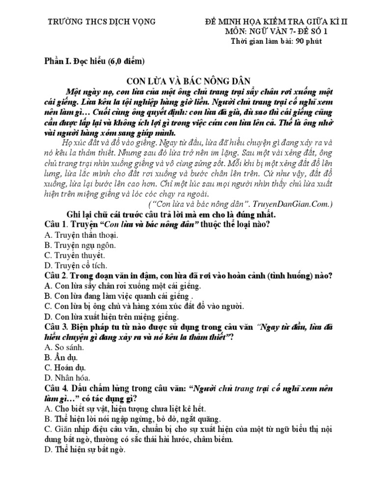 ĐỀ MINH HỌA NGỮ VĂN KIỂM TRA GIỮA KÌ II- 7A2 | PDF