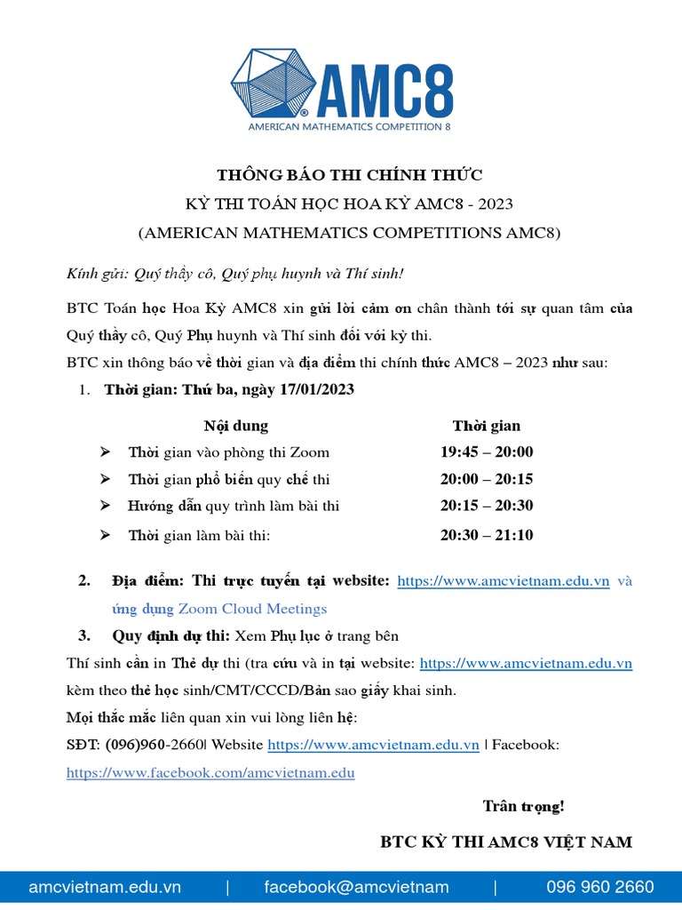 AMC8-2023-Thông Báo Và Quy Dinh D Thi Dành Cho Thí Sinh - 230111 - 082729 | PDF