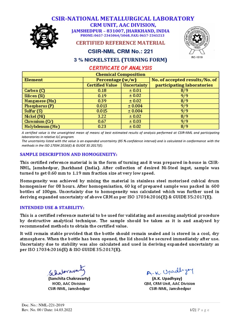 3% Nickel Steel CRM Certificate | PDF