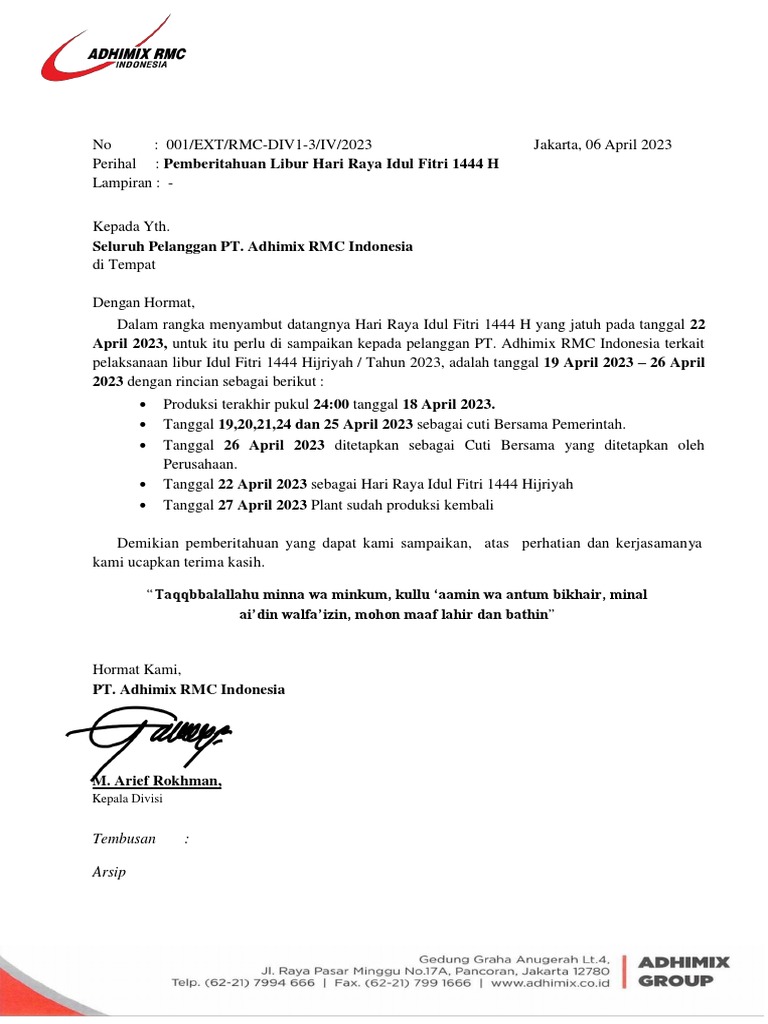 Surat Pemberitahuan Libur Hari Raya Idul Fitri | PDF