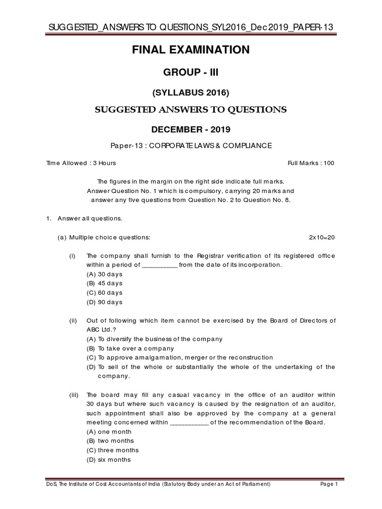 Final Examination: Suggested Answers To Questions | PDF | Dividend ...