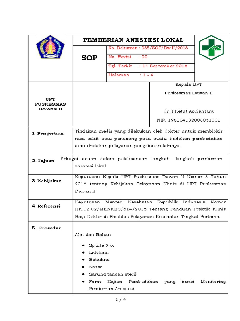 Sop Anestesi Lokal | PDF