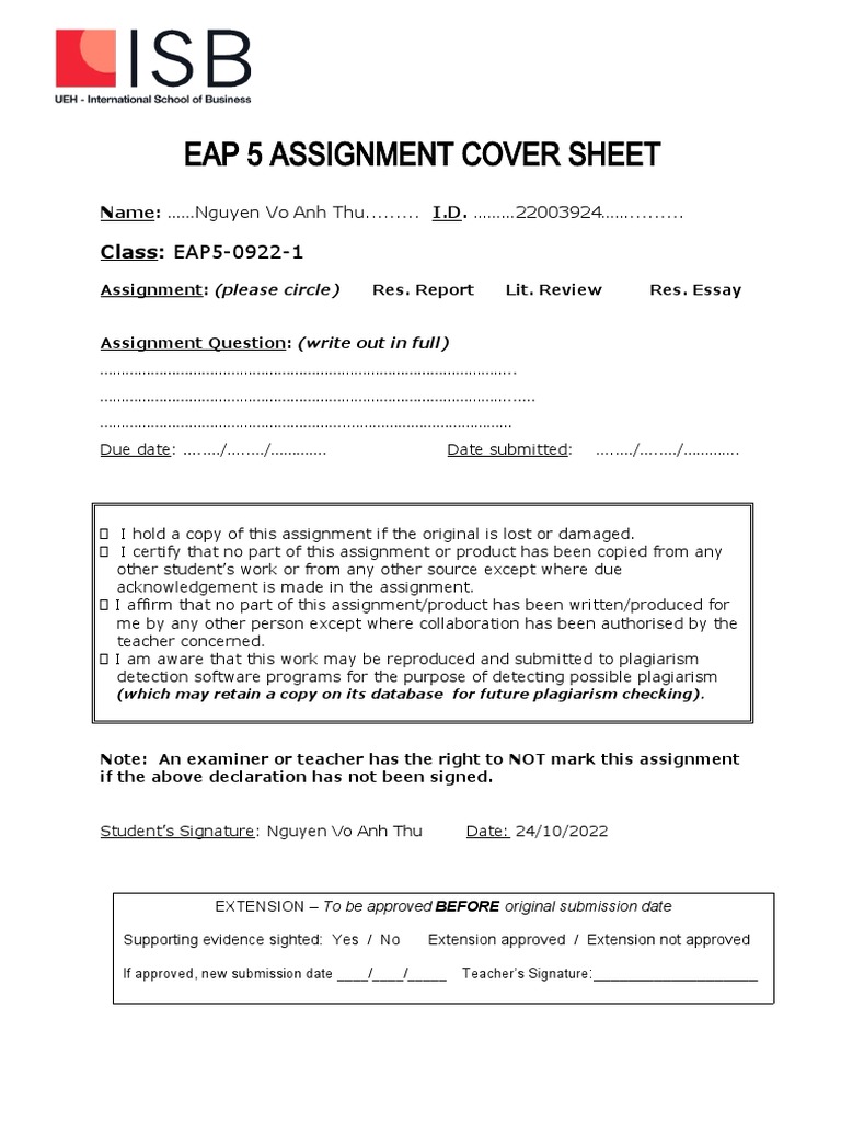 EAP5 Assignment Cover Sheet With UEH Logo - 09.2022 2 | PDF | Essays ...