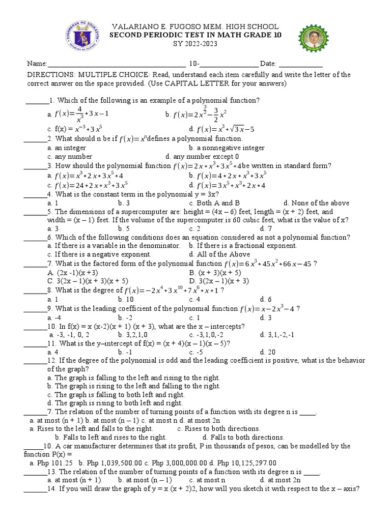 2nd Periodic Test Mathematics Grade 10 SY22-23 | PDF | Circle | Angle