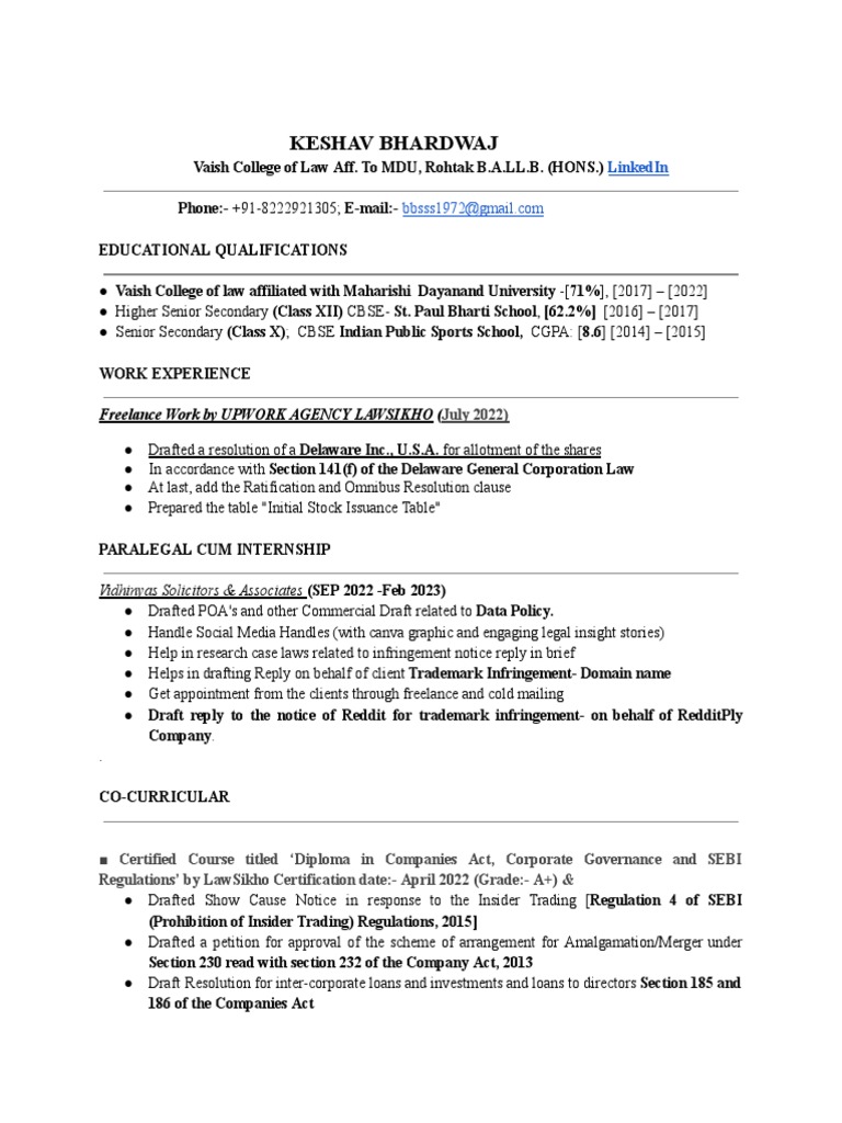Keshav Bhardwaj Innovork Research Pvt Ltd Cv. docs-1 | PDF | Trademark | Paralegal