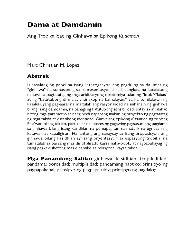 Dama at Damdamin: Ang Tropikalidad NG Ginhawa Sa Epikong Kudaman | PDF