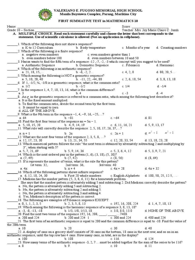 G10 Mathematics 1st Grading Summative Test Oct 2022 | PDF | Numbers ...