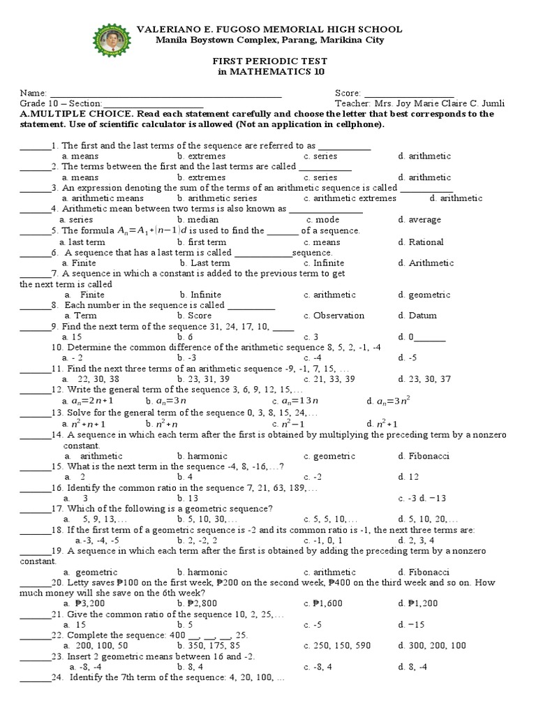G10 Mathematics - 1st Periodic Test Oct 2022 | PDF | Sequence | Mean