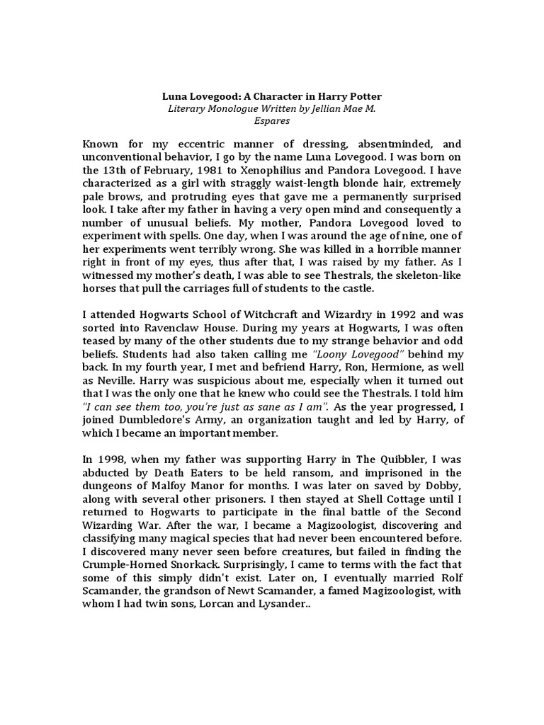 Monologue | PDF | Contemporary Fantasy Novels | Harry Potter