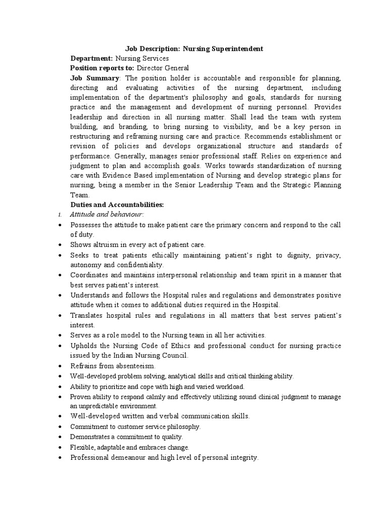 Nursing Superintendent Job Description | PDF | Nursing | Patient