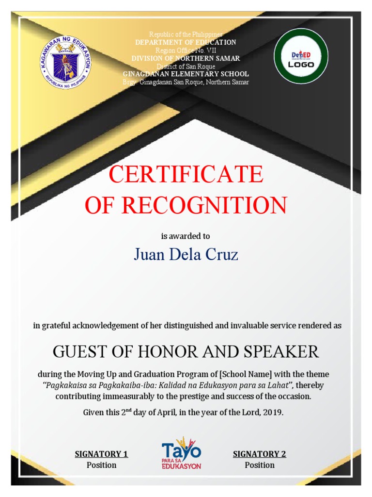 Certificate of Recognition: Juan Dela Cruz | PDF