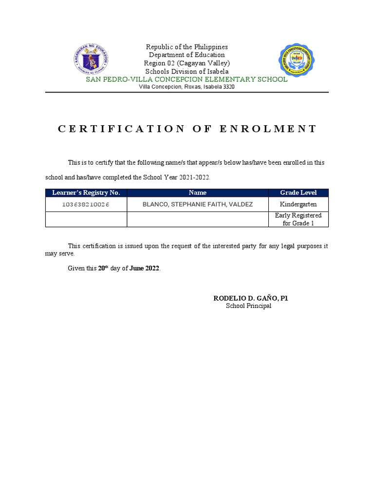 Certificate of Enrolment | PDF | Educational Stages | Social Institutions