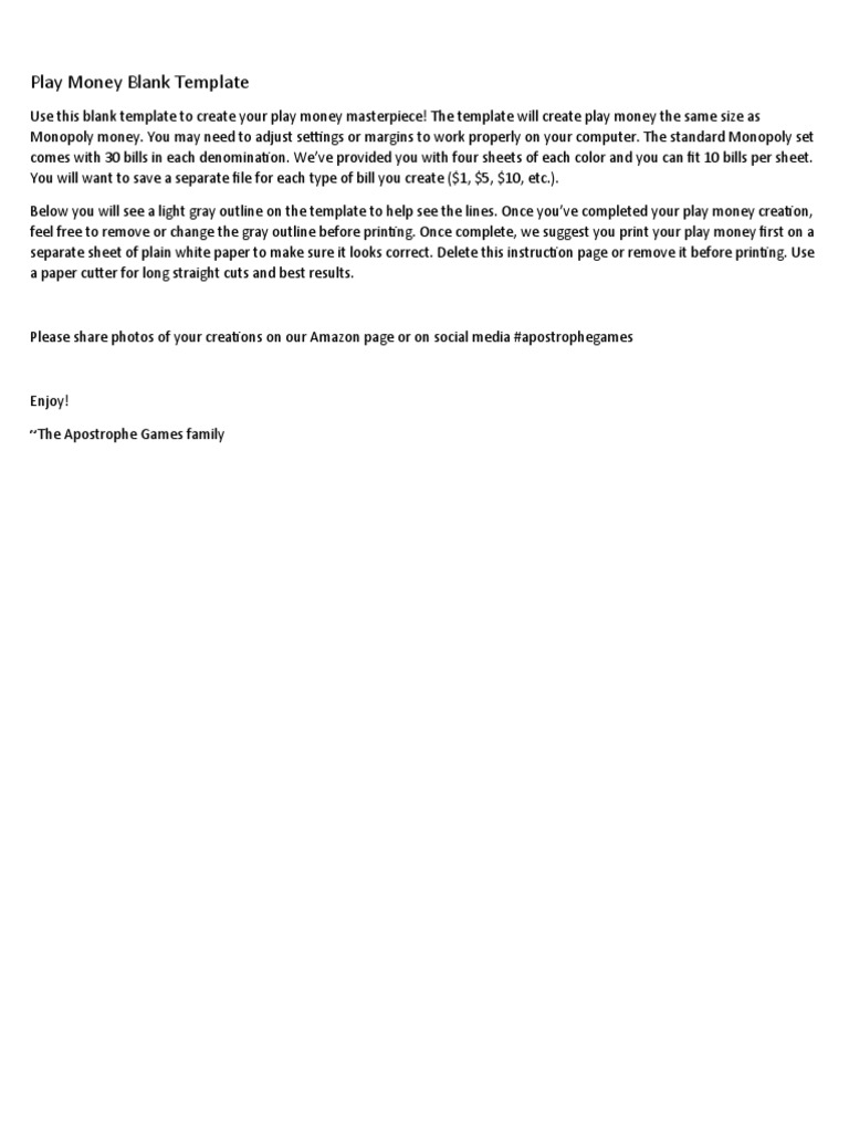 Customizable Play Money Template | PDF | Sports & Recreation | Home ...