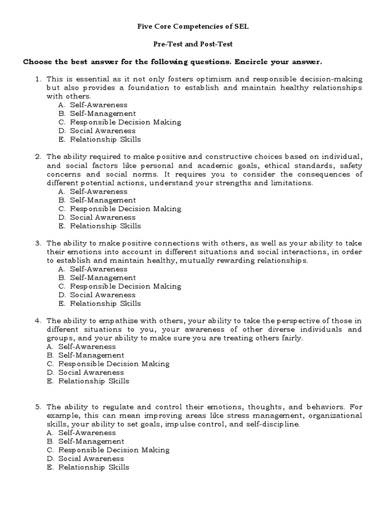 Five Core Competencies of SEL Pre and Post Test | PDF