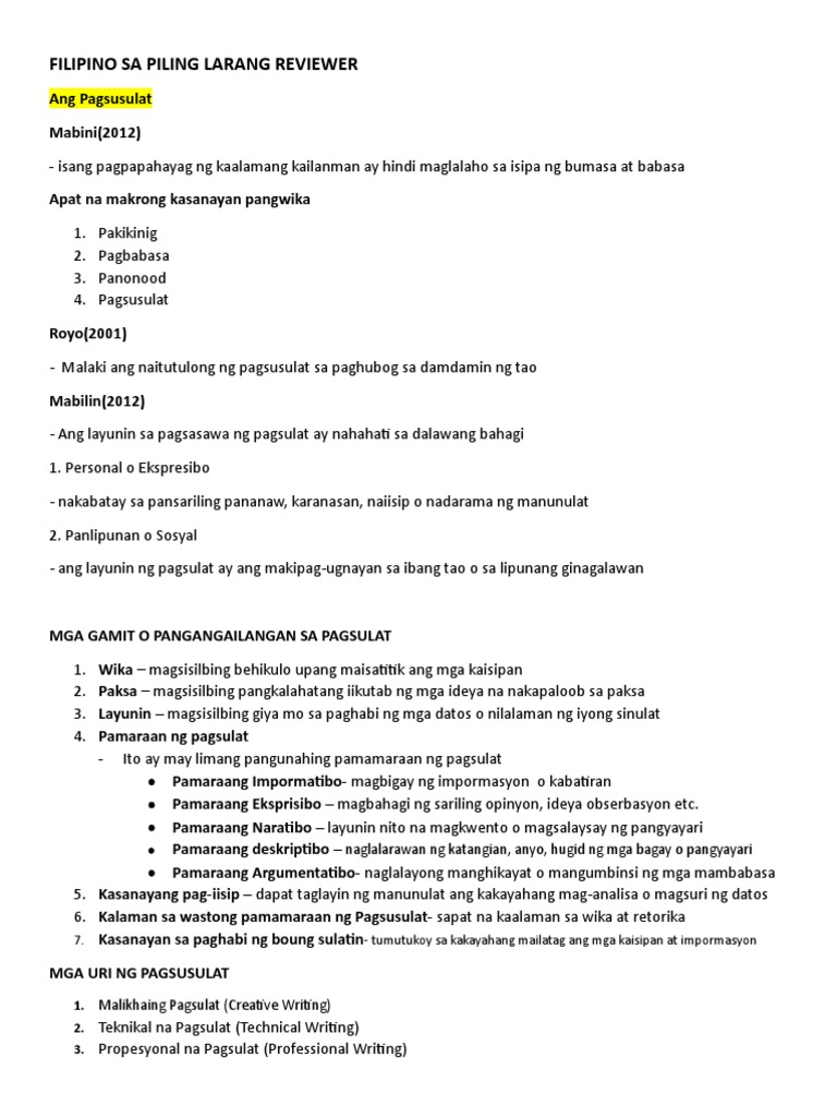 Filipino Sa Piling Larang Reviewer | PDF