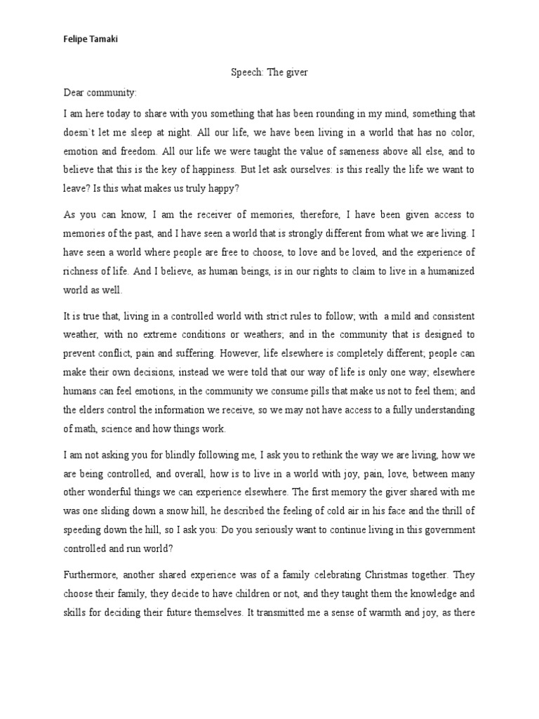 Speech The Giver | Download Free PDF | The Giver | Psychology
