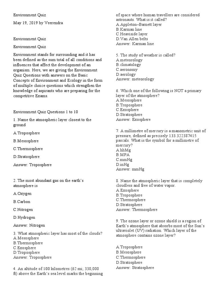 Environmental Quiz | PDF | Atmosphere Of Earth | Atmosphere