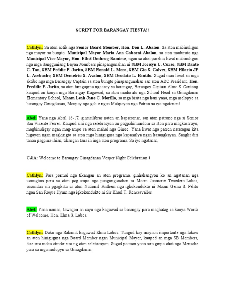 Script For Barangay Fiesta | PDF