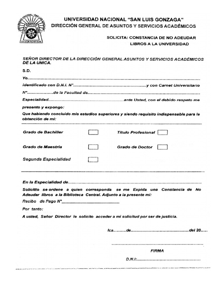 Solicitud Constancia de No Adeudar Libro | PDF