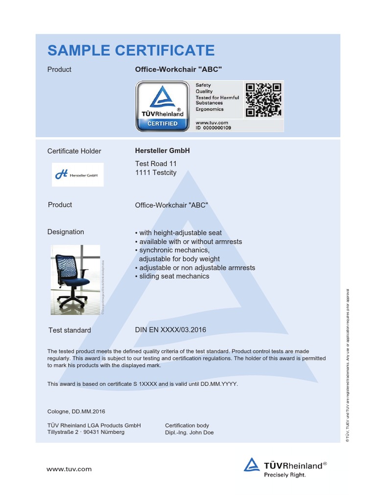 Tuv Rheinland Furniture Testing Sample Certificate en | PDF