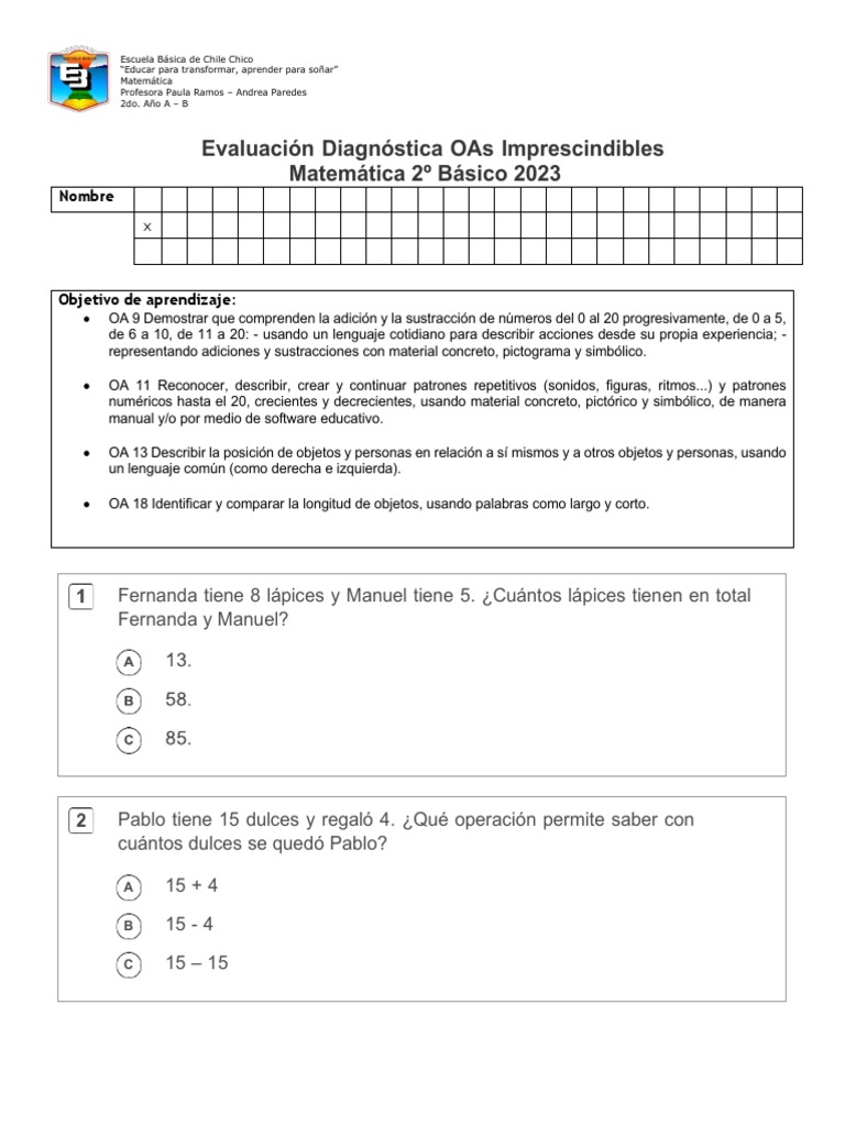 Evaluación Diagnóstica Matemática 2º Básico | PDF | Sustracción ...