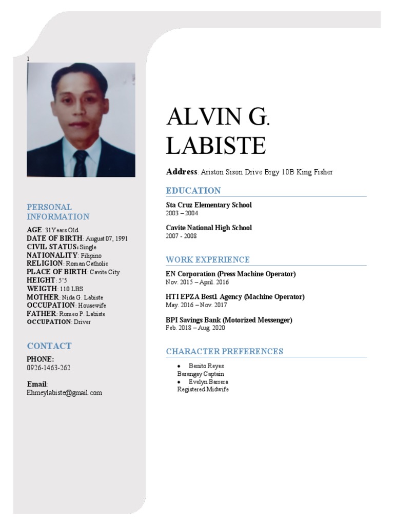 Resume and personal details of Alvin G. Labiste | PDF