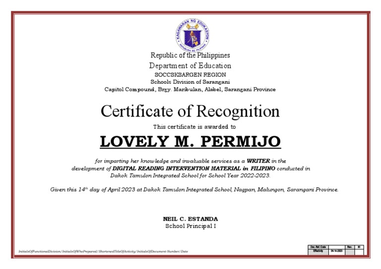 DepEdTemplate CertificateOfRecognition A4Size TEMP NO-Signature | PDF
