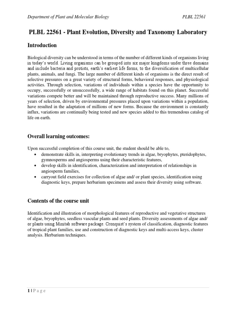 PLBL 22561 - Plant Evolution, Diversity and Taxonomy Laboratory | PDF ...