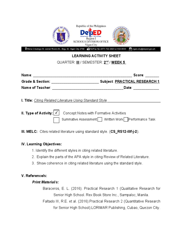 LAS PR1 11 Q3 Week 5b | PDF | Citation | Apa Style