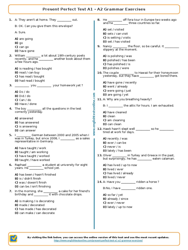 Present Perfect Test A1 - A2 Grammar Exercises | PDF