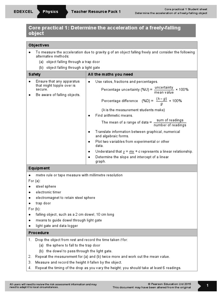 Core Practical 1: Determine The Acceleration of A Freely-Falling Object | PDF | Uncertainty ...