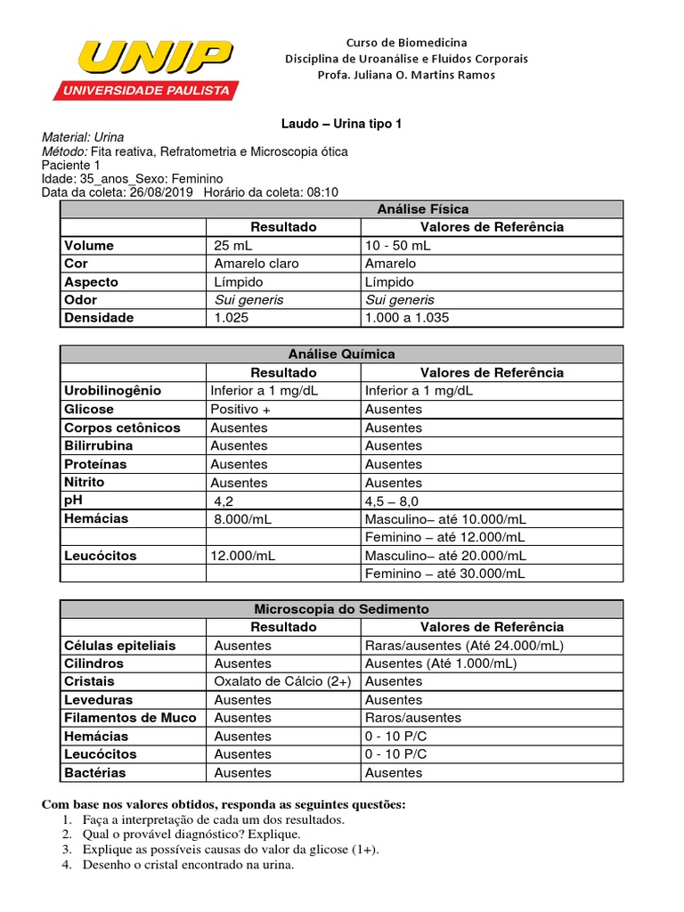 Exame de Urina Tipo 1 | PDF | Hemácia | Ciências Físicas