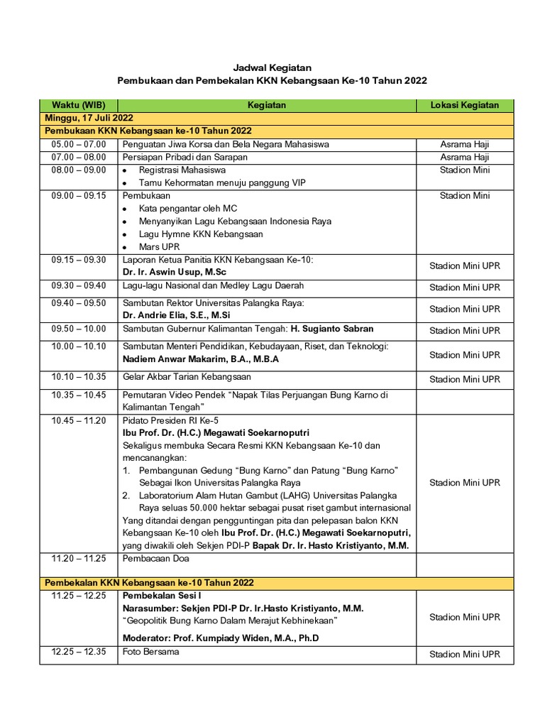 Jadwal Kegiatan Pembukaan Dan Pembekalan KKN Kebangsaan | PDF