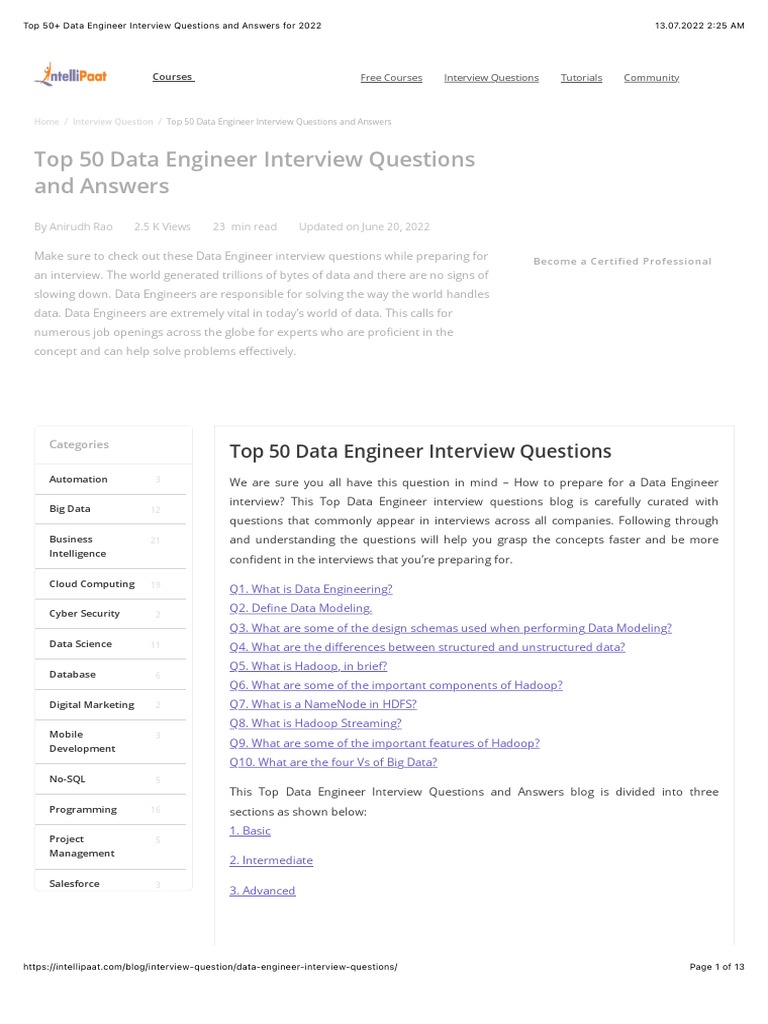 Top 50+ Data Engineer Interview Questions and Answers For 2022 | PDF ...