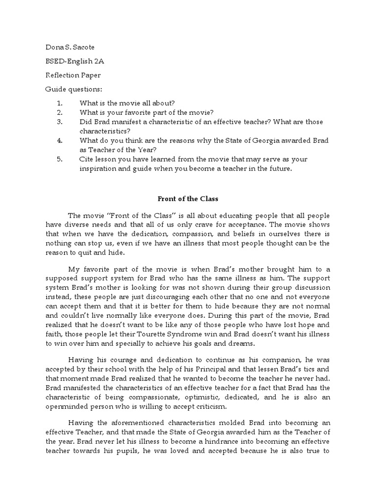 Reflection Front of Class | PDF | Teachers | Psychological Concepts