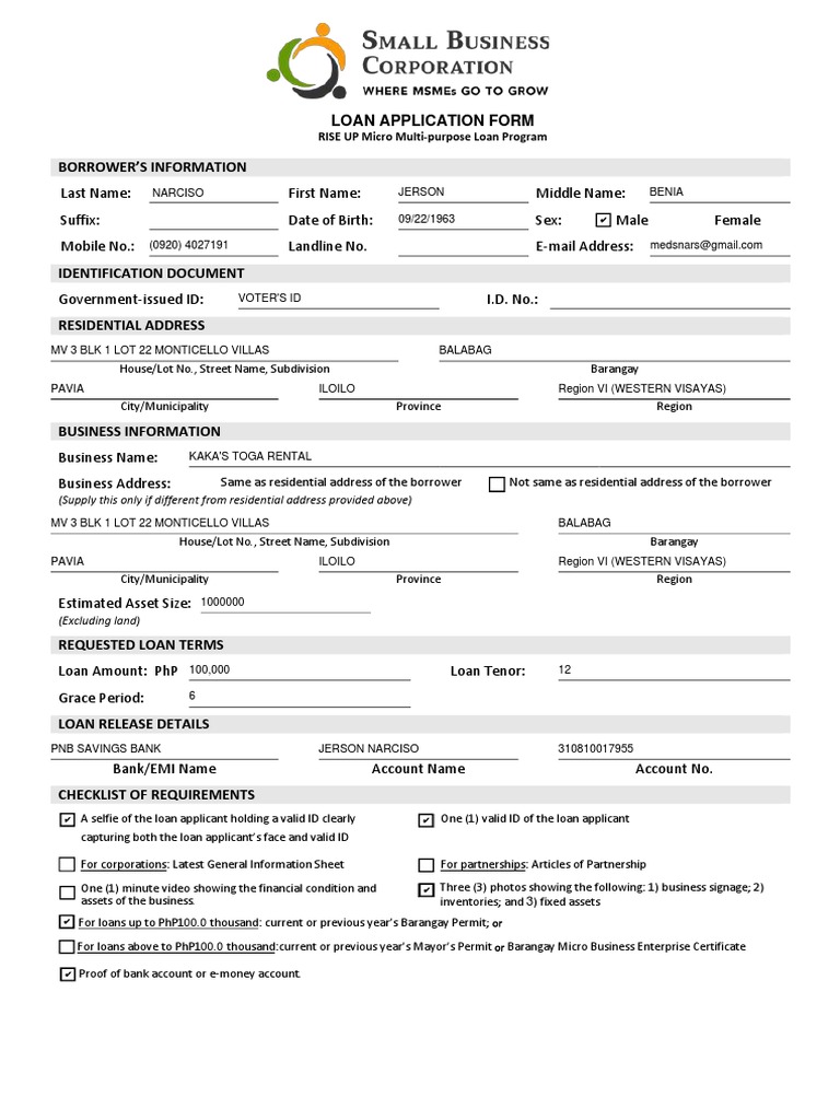 Loan Application Form: RISE UP Micro Multi-Purpose Loan Program | PDF ...