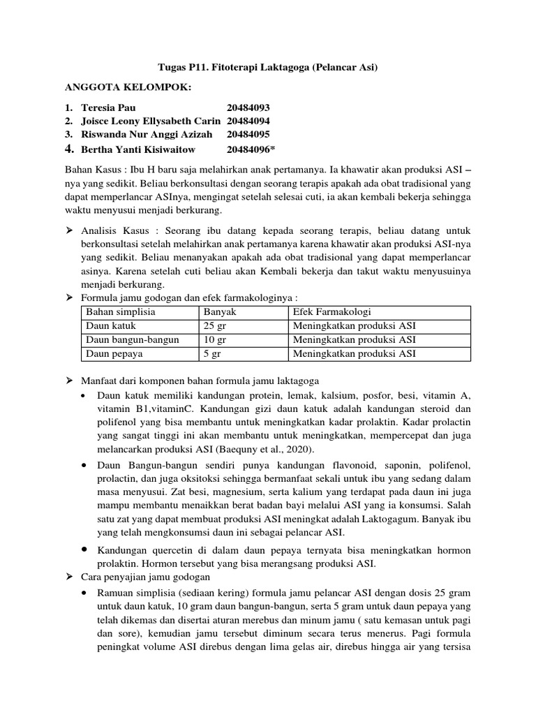 Tugas P11 FITOTERAPI LAKTAGOGA (PELANCAR ASI) - Kelompok D2 | PDF