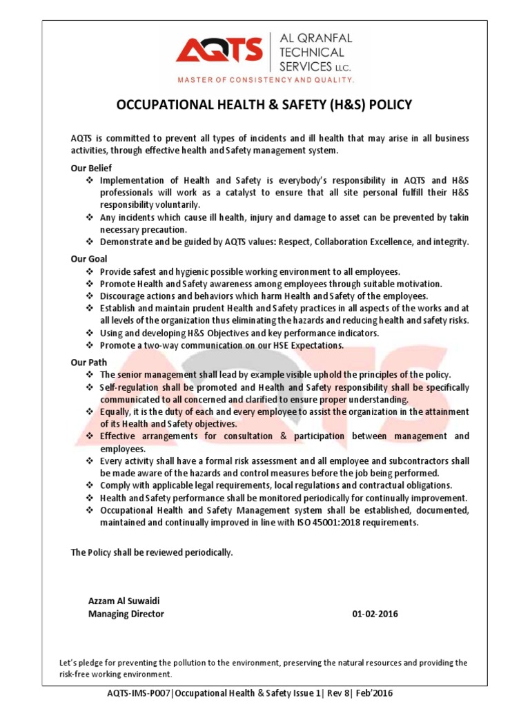 Occupational Health & Safety Policy | PDF | Occupational Safety And ...