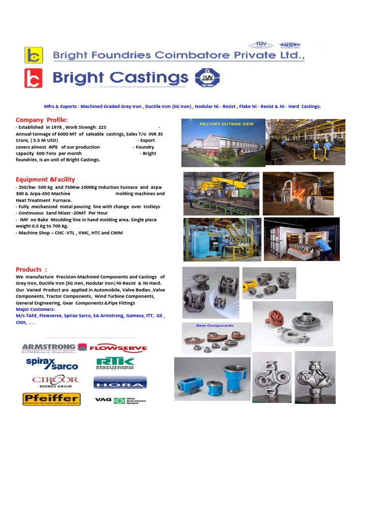 Bright Foundries & Machine Shop - One Page Presentation | PDF | Foundry | Casting (Metalworking)