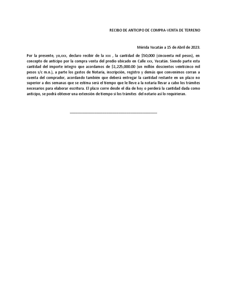 RECIBO de ANTICIPO de COMPRA Terreno Con Condiciones de Venta | PDF