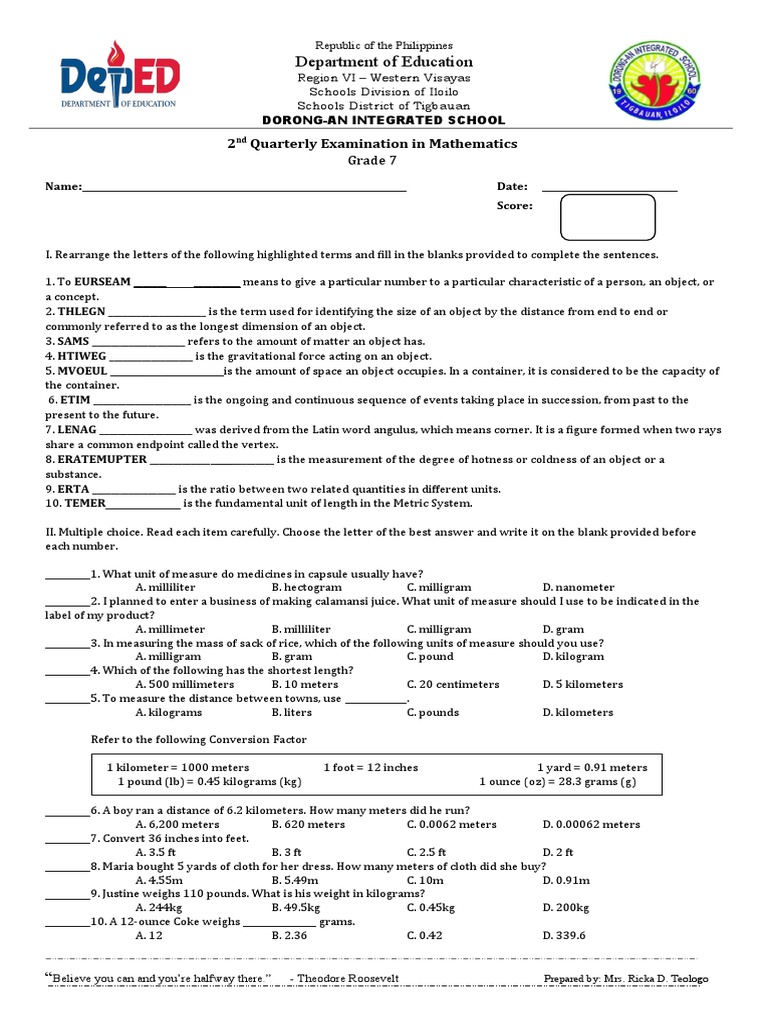 Grade 7 2nd Summative Test | PDF | Pound (Mass) | Ounce