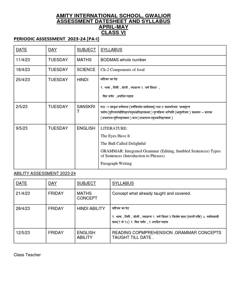Amity International School, Gwalior Assessment Datesheet and Syllabus ...
